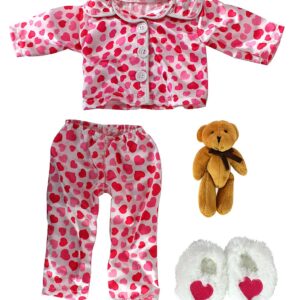 4pc Red & Pink Heart PJ Doll Outfit w Teddy Bear- 18" Doll Clothes & Accessories Compatible w American Girl Dolls- Set Includes Cozy Pajama Top & Bottom, Slippers, & Teddy Bear- Great Gift for Girls