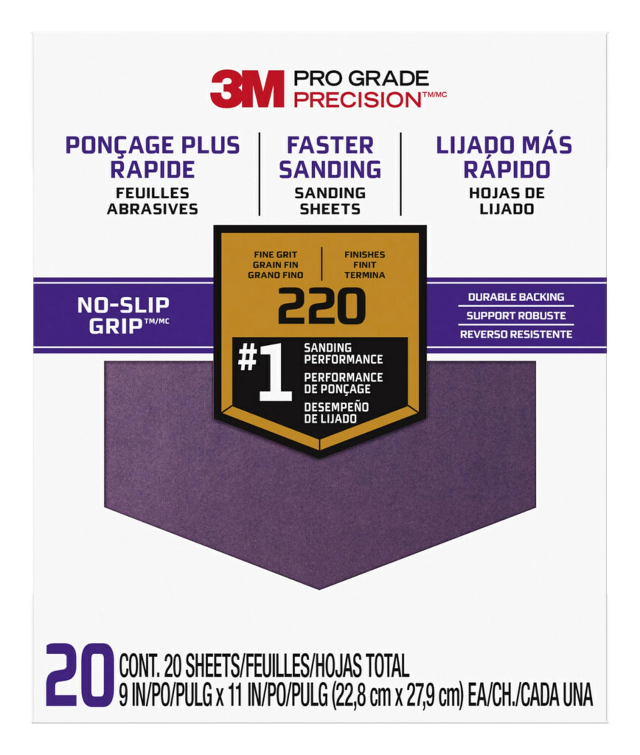 3M Advanced Sandpaper, 20 Sheets, 220 Grit, 3M Pro Grade Precision, Features No-Slip Grip Backing, 9-in x 11-in, For Sanding Wood, Drywall, or Metal, Can be Used on Wet or Dry Surfaces (26220CP-P-G)