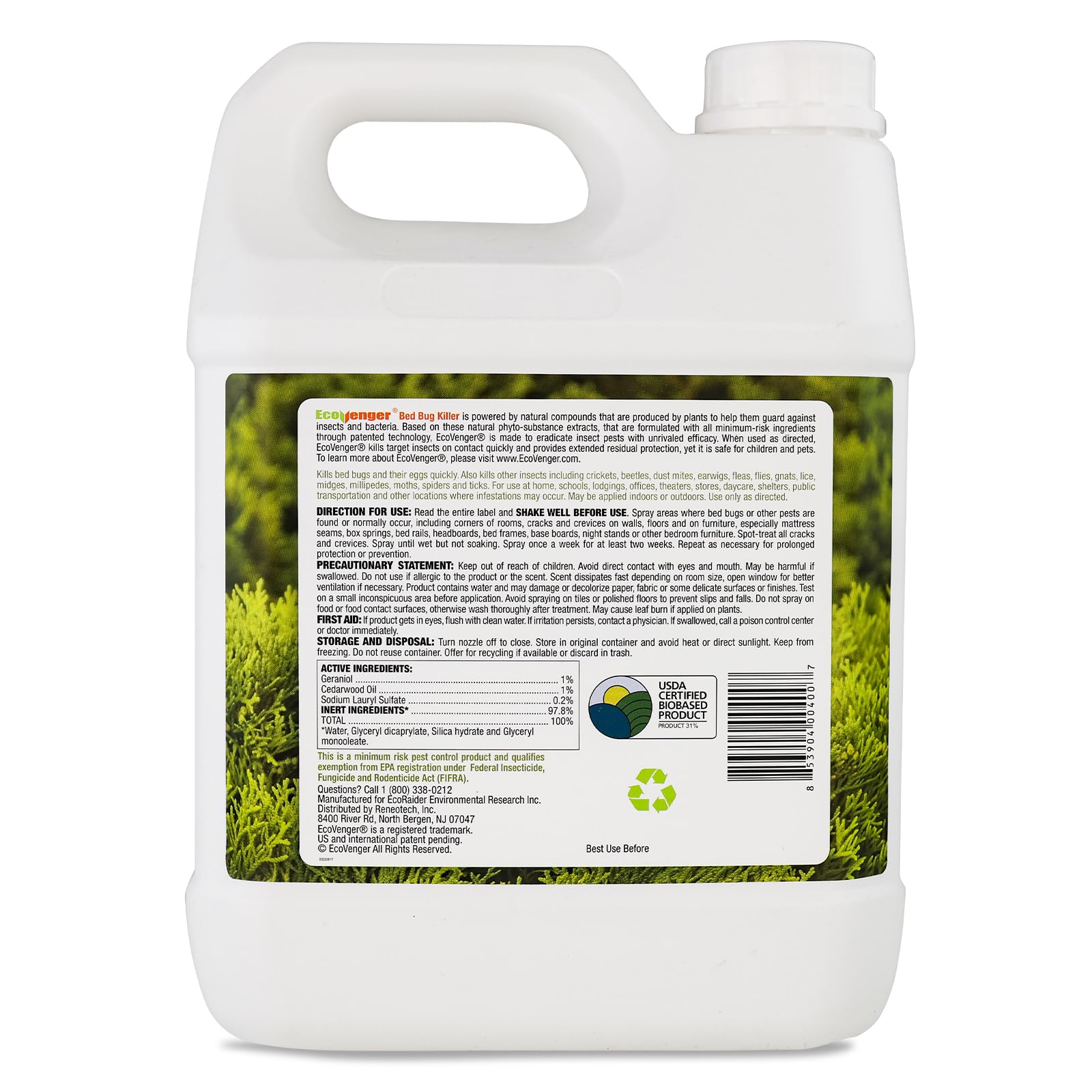 EcoRaider Bed Bug Killer Spray 1 Gallon Jug, Green + Non-Toxic, 100% Kill + Extended Protection