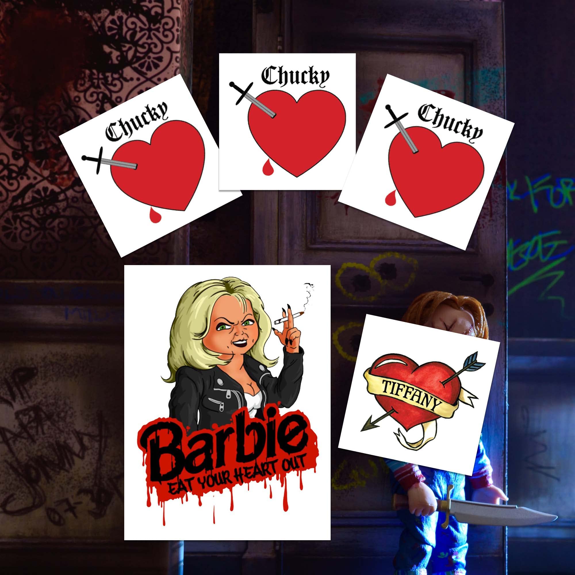 FashionTats Bride of Chucky Heart (3-pack) Plus Tiffany Heart - PLUS BONUS MOVIE LINE TATTOO | Cosplay Halloween Costume Tattoo Kit | Skin Safe | MADE IN THE USA | Removable