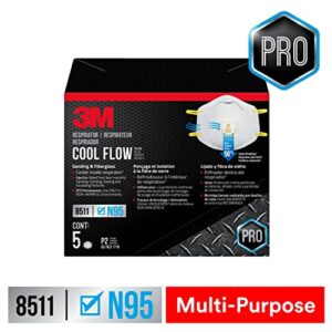 3M 8511 Sanding And Fiberglass N95 Cool Flow Valved Respirator, NIOSH-Approved, Relief From Dusts And Certain Particles During Sanding, Pollen, Mold Spores, Dust Particles, 5-Pack