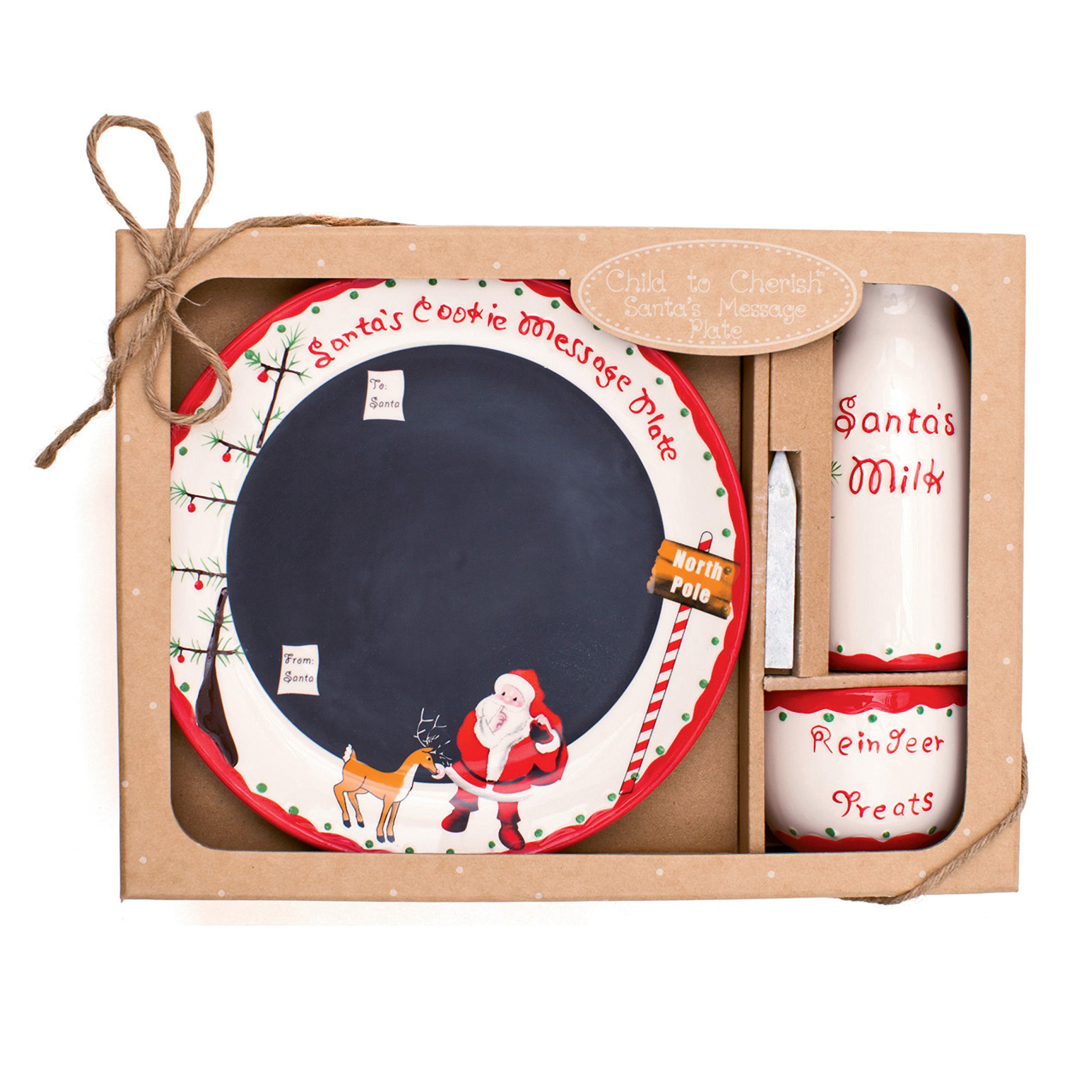 Child to Cherish Santa's Message Plate Set, Santa Cookie Plate, Santa Milk jar, and Reindeer Treat Bowl