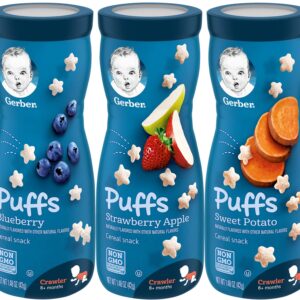 Gerber Graduates Puffs Cereal Snack Variety Pack - Blueberry, Strawberry-Apple, Sweet Potato 1.48 Ounce (Variety Pack of 3)