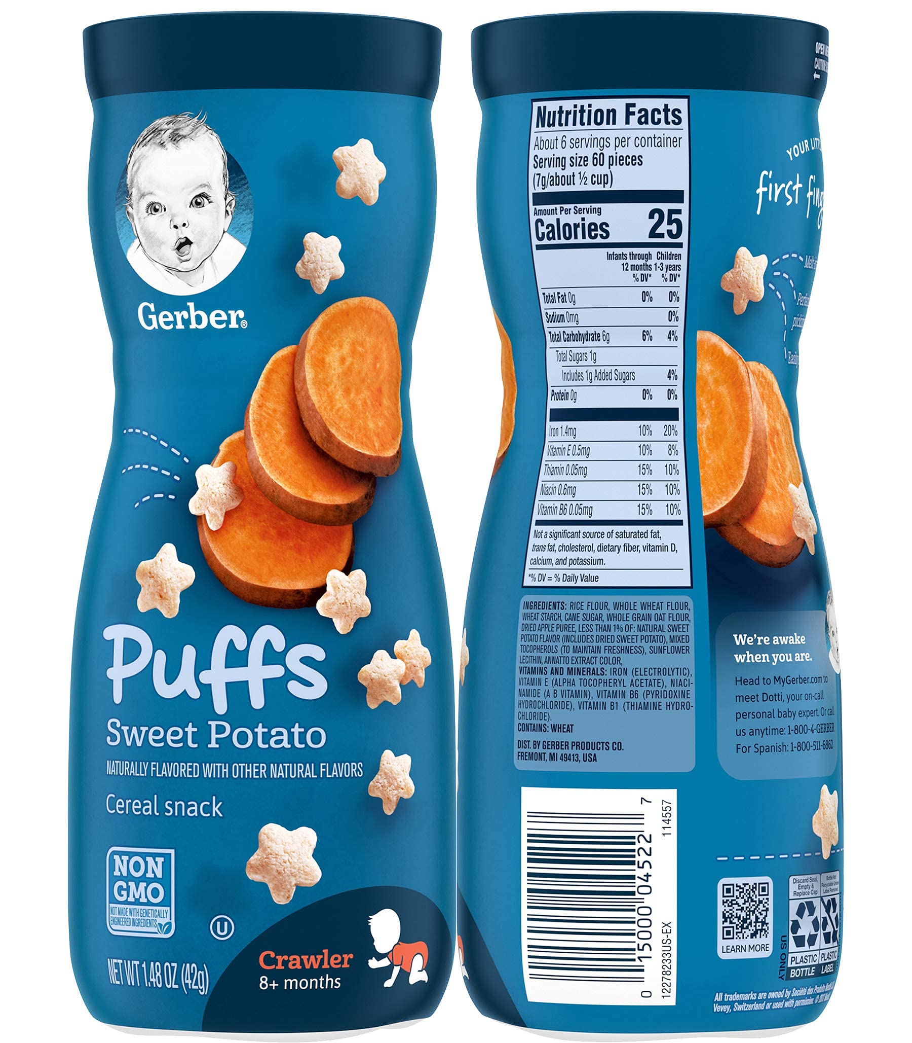 Gerber Graduates Puffs Cereal Snack Variety Pack - Blueberry, Strawberry-Apple, Sweet Potato 1.48 Ounce (Variety Pack of 3)