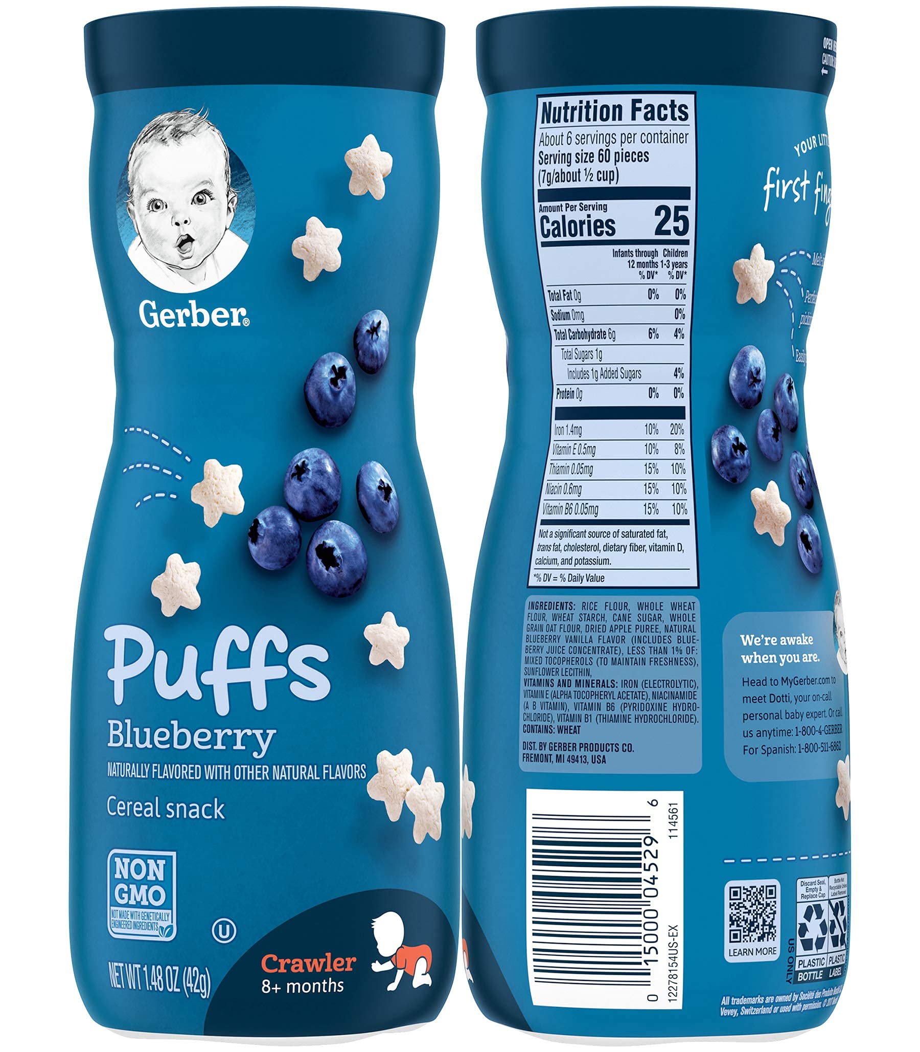 Gerber Graduates Puffs Cereal Snack Variety Pack - Blueberry, Strawberry-Apple, Sweet Potato 1.48 Ounce (Variety Pack of 3)