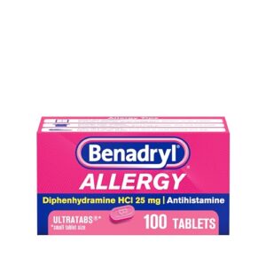 benadryl ultratabs antihistamine allergy relief medicine, diphenhydramine hcl tablets for relief of cold & allergy symptoms such as sneezing, runny nose, & itchy eyes & throat, 100 ct