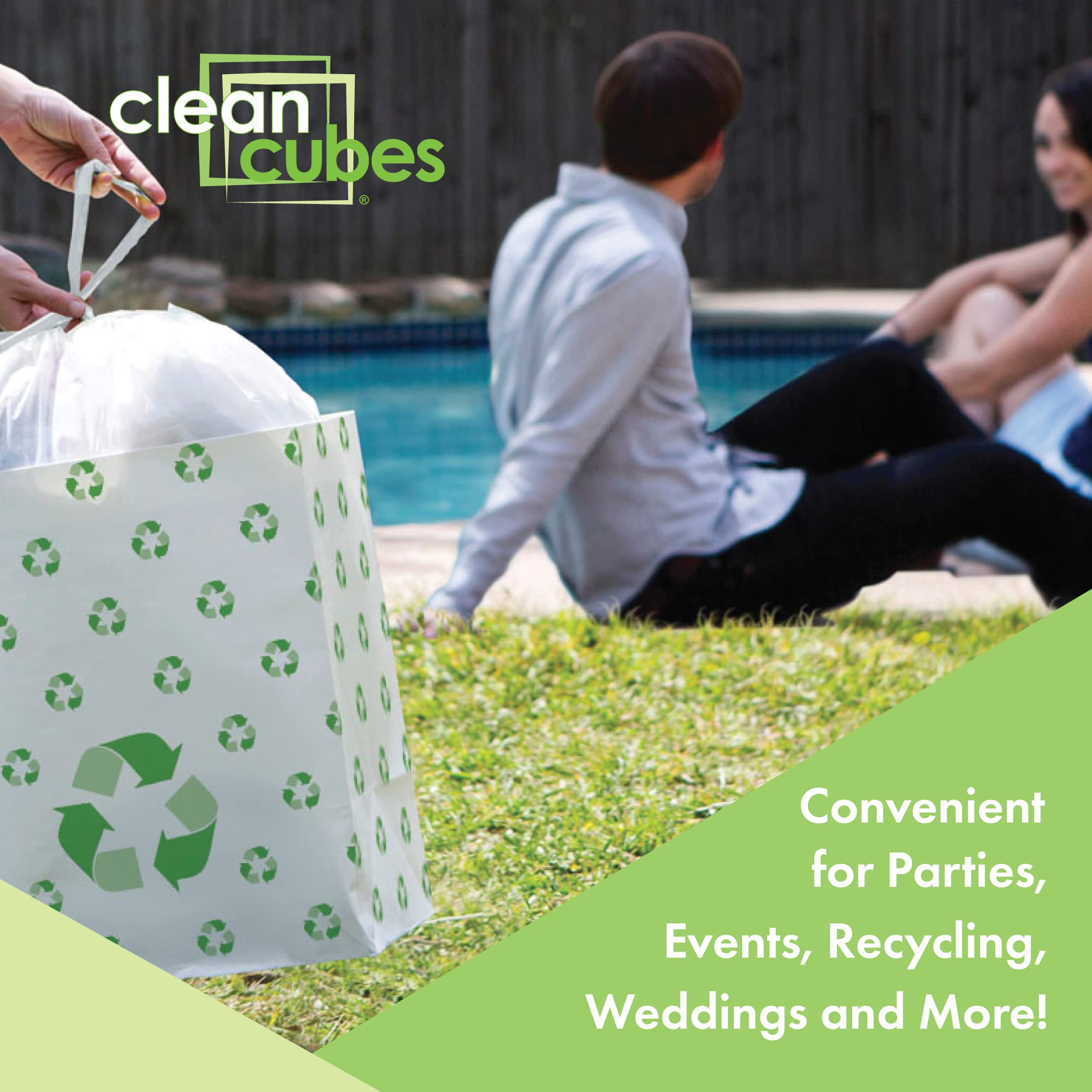 Clean Cubes 13 Gallon Disposable Trash Cans (3-Pack). Reusable Garbage and Recycling Bins for Parties, Events, and More (Recycle - 18" Tall x 14" Wide 10" Deep)