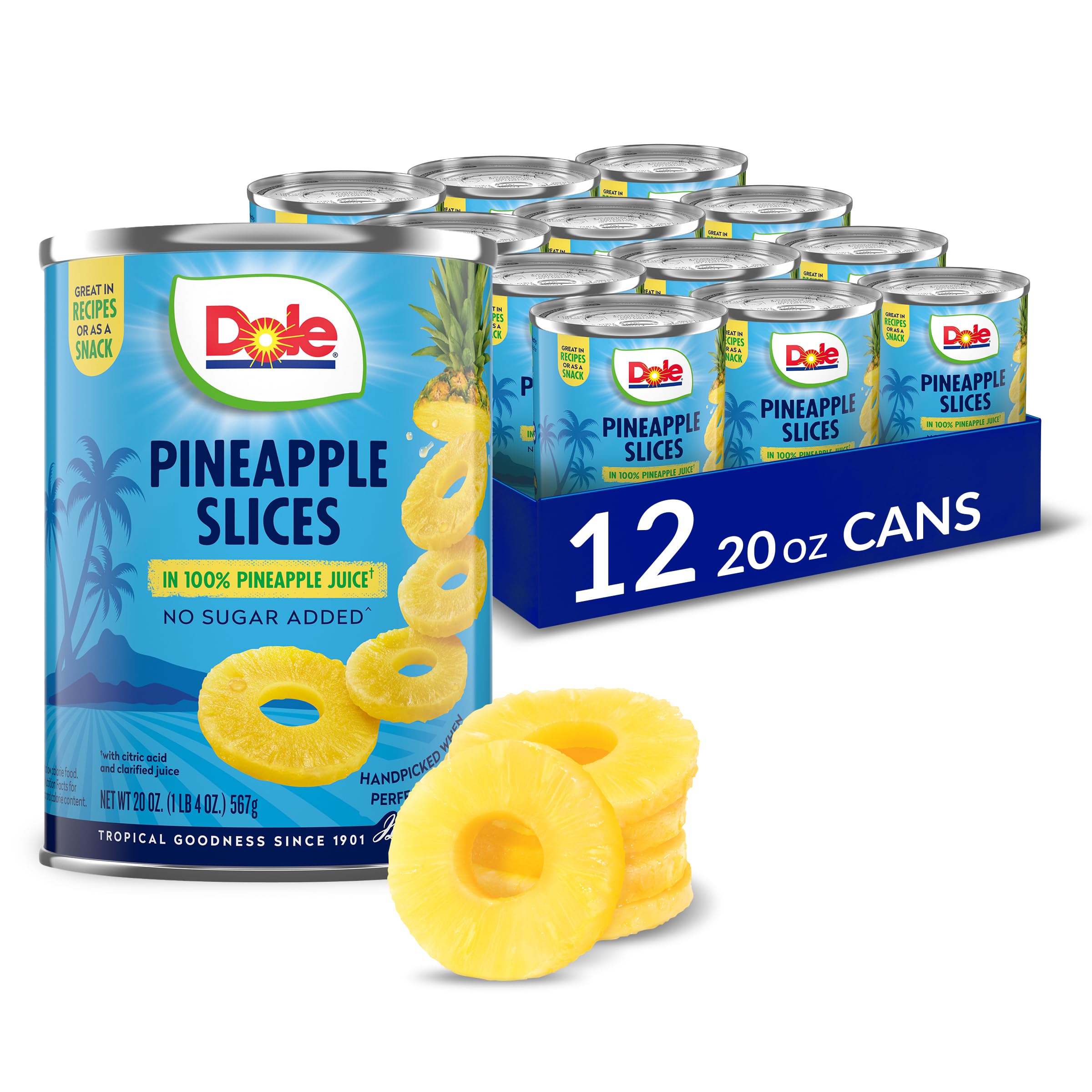 Dole Canned Fruit, Pineapple Slices in 100% Pineapple Juice, Gluten Free, Pantry Staples, 20 Oz, 12 Count, Packaging May Vary