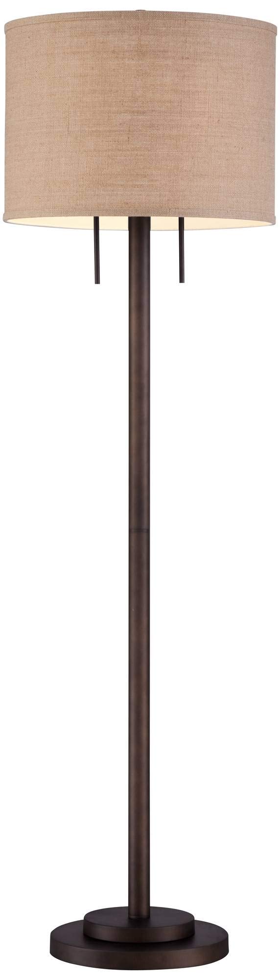 Possini Euro Design Garth Modern Industrial Standing Floor Lamp 63 1/2" Tall Oil Rubbed Bronze Brown Metal Burlap Fabric Drum Shade Decor for Living Room Reading House Bedroom Home Office House