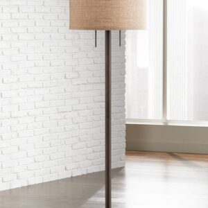 Possini Euro Design Garth Modern Industrial Standing Floor Lamp 63 1/2" Tall Oil Rubbed Bronze Brown Metal Burlap Fabric Drum Shade Decor for Living Room Reading House Bedroom Home Office House