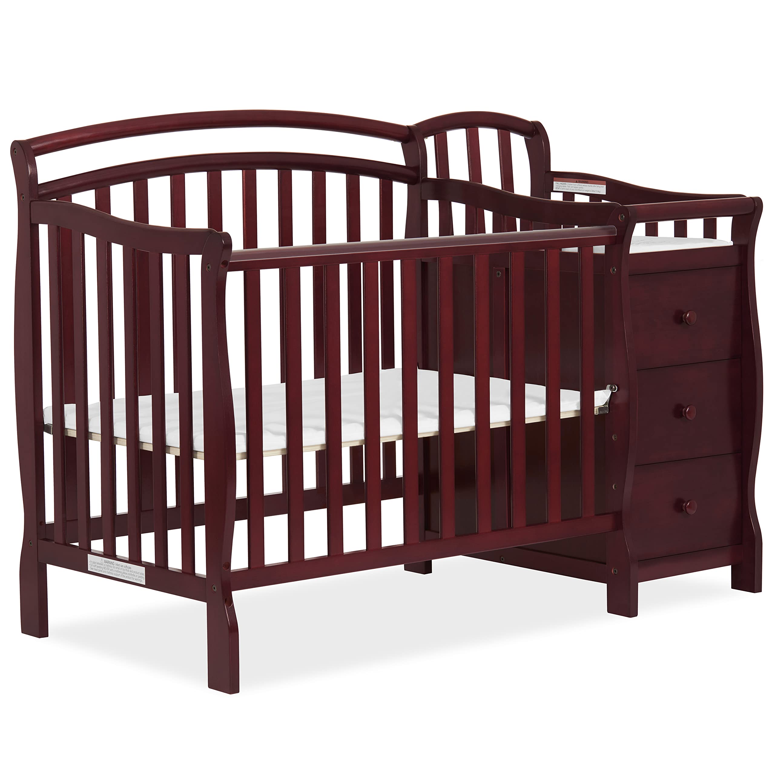 Dream On Me Casco 3-In-1 Mini Crib And Changing Table In Cherry, Convertible Crib, Made Of Pinewood, Three Position Adjustable Mattress Height Settings