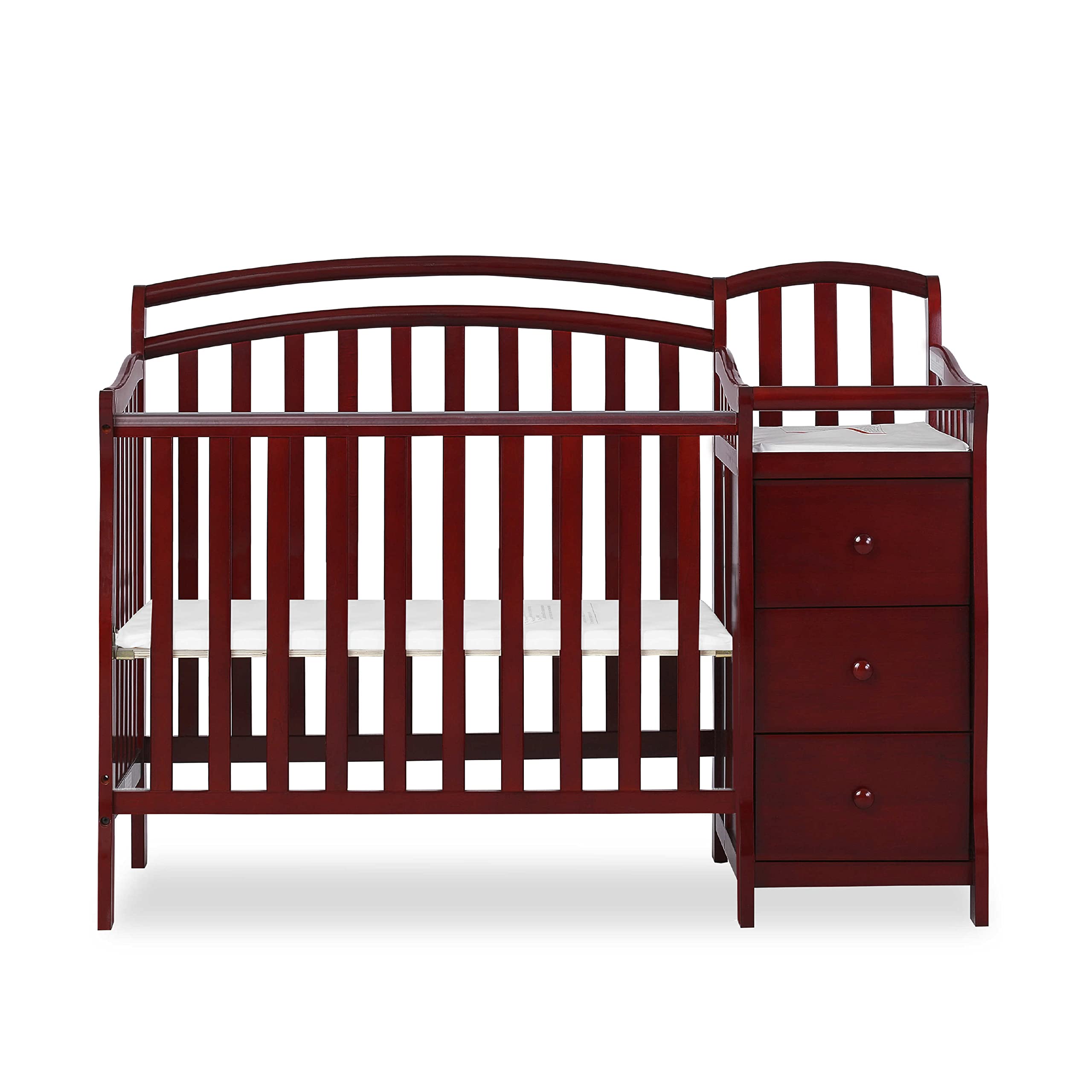 Dream On Me Casco 3-In-1 Mini Crib And Changing Table In Cherry, Convertible Crib, Made Of Pinewood, Three Position Adjustable Mattress Height Settings