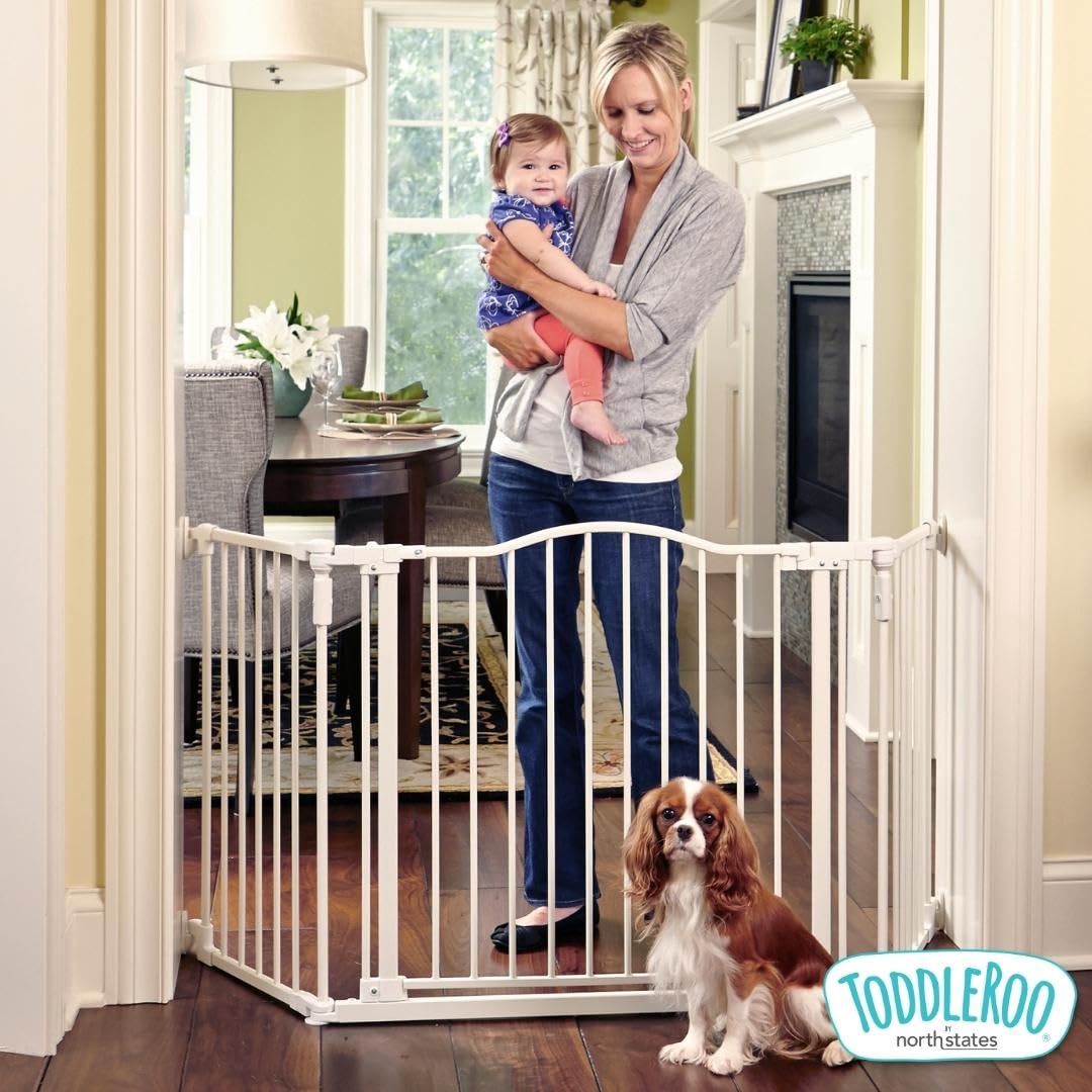 Toddleroo by North States 72” wide Deluxe Décor Baby Gate: Sturdy safety gate with one hand operation. Extra wide baby gate. Hardware Mount. Fits 38.3 - 72” Wide. (30" Tall, Warm White)