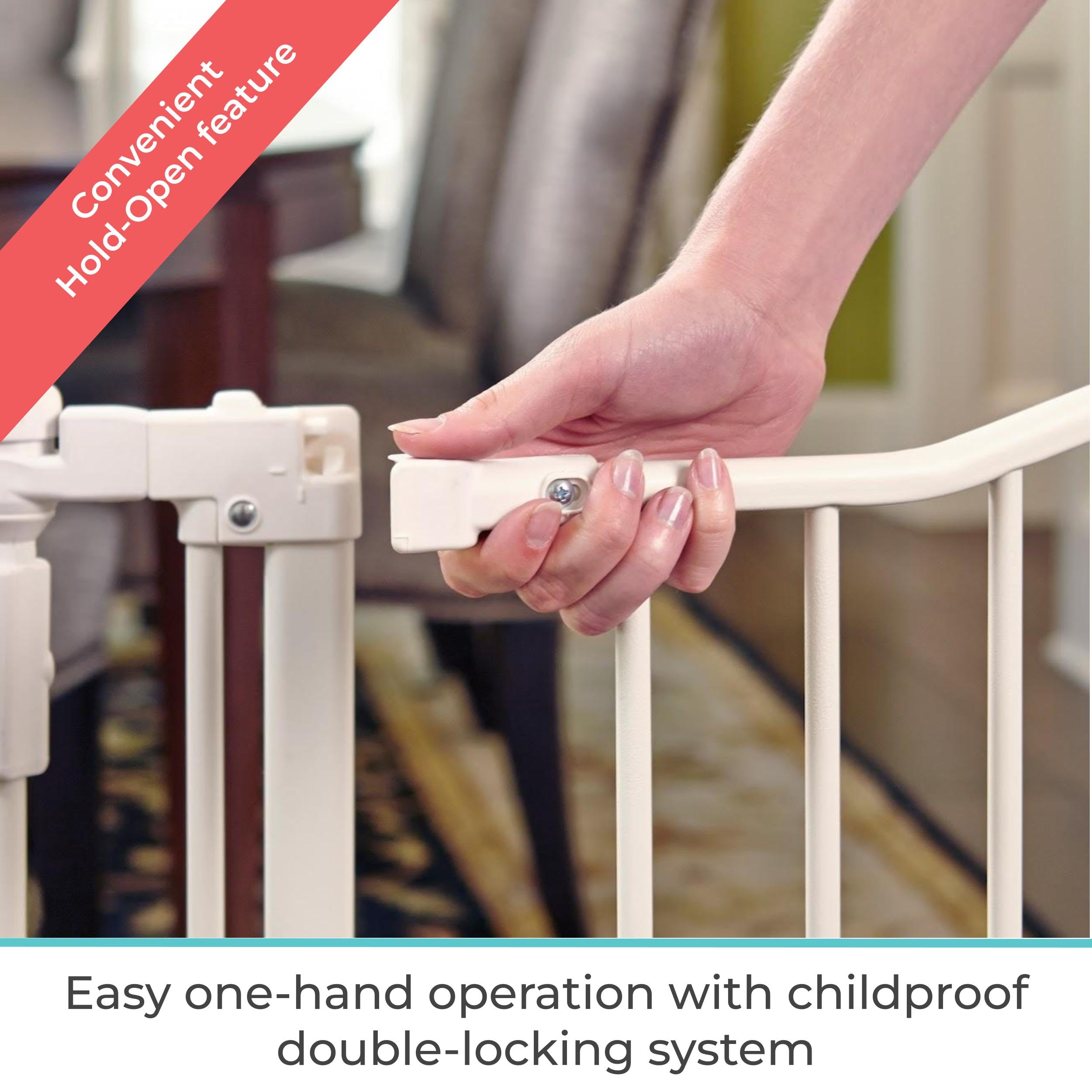 Toddleroo by North States 72” wide Deluxe Décor Baby Gate: Sturdy safety gate with one hand operation. Extra wide baby gate. Hardware Mount. Fits 38.3 - 72” Wide. (30" Tall, Warm White)