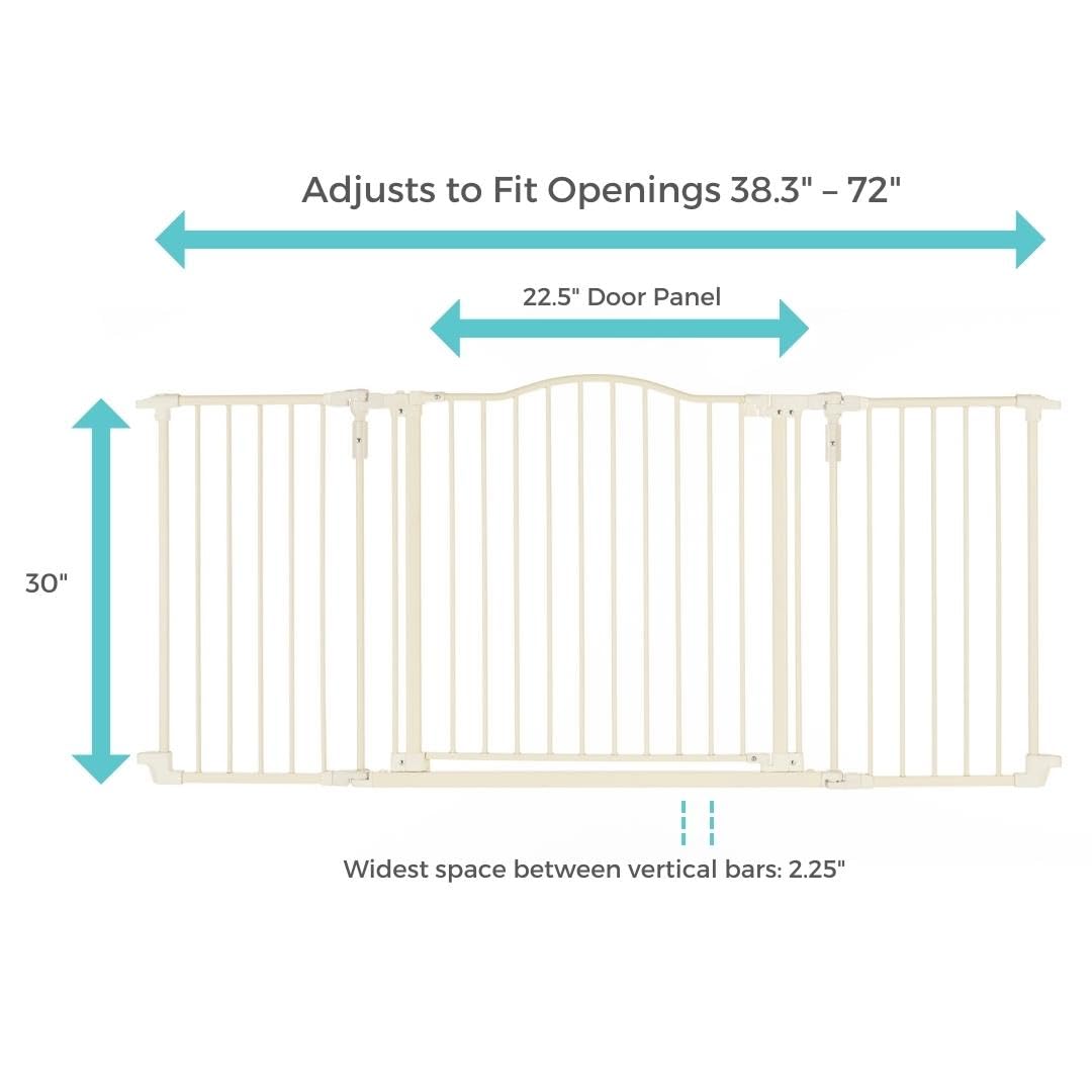 Toddleroo by North States 72” wide Deluxe Décor Baby Gate: Sturdy safety gate with one hand operation. Extra wide baby gate. Hardware Mount. Fits 38.3 - 72” Wide. (30" Tall, Warm White)