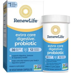 renew life extra care digestive probiotic capsules, daily supplement supports immune, digestive and respiratory health, l. rhamnosus gg, dairy, soy and gluten-free, 30 billion cfu, 30 count