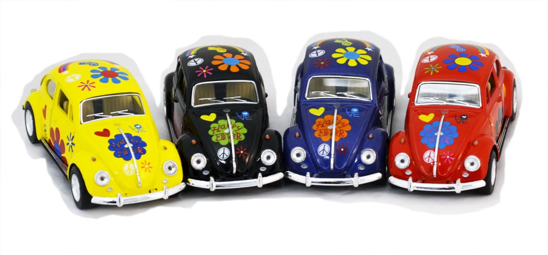 Diecast Cars-Set of 4 Cars: 5 VW Happy Flower Classic Beetle 1/32 Scale, Pull Back n Go Action. by Kinsmart