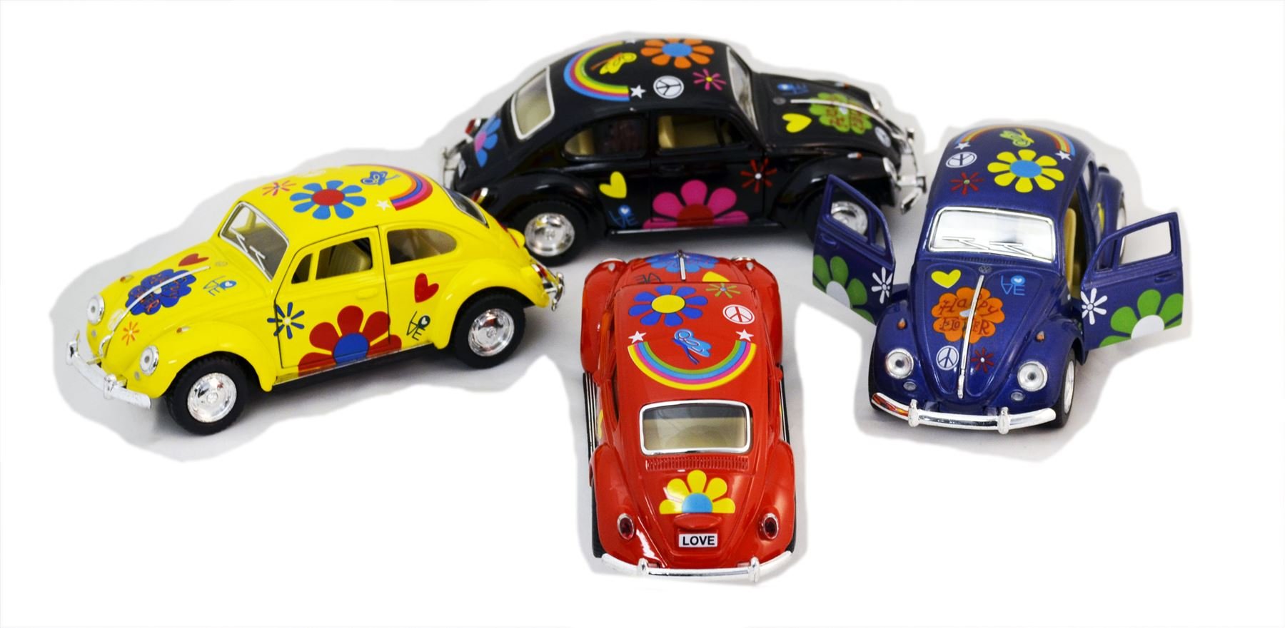 Diecast Cars-Set of 4 Cars: 5 VW Happy Flower Classic Beetle 1/32 Scale, Pull Back n Go Action. by Kinsmart