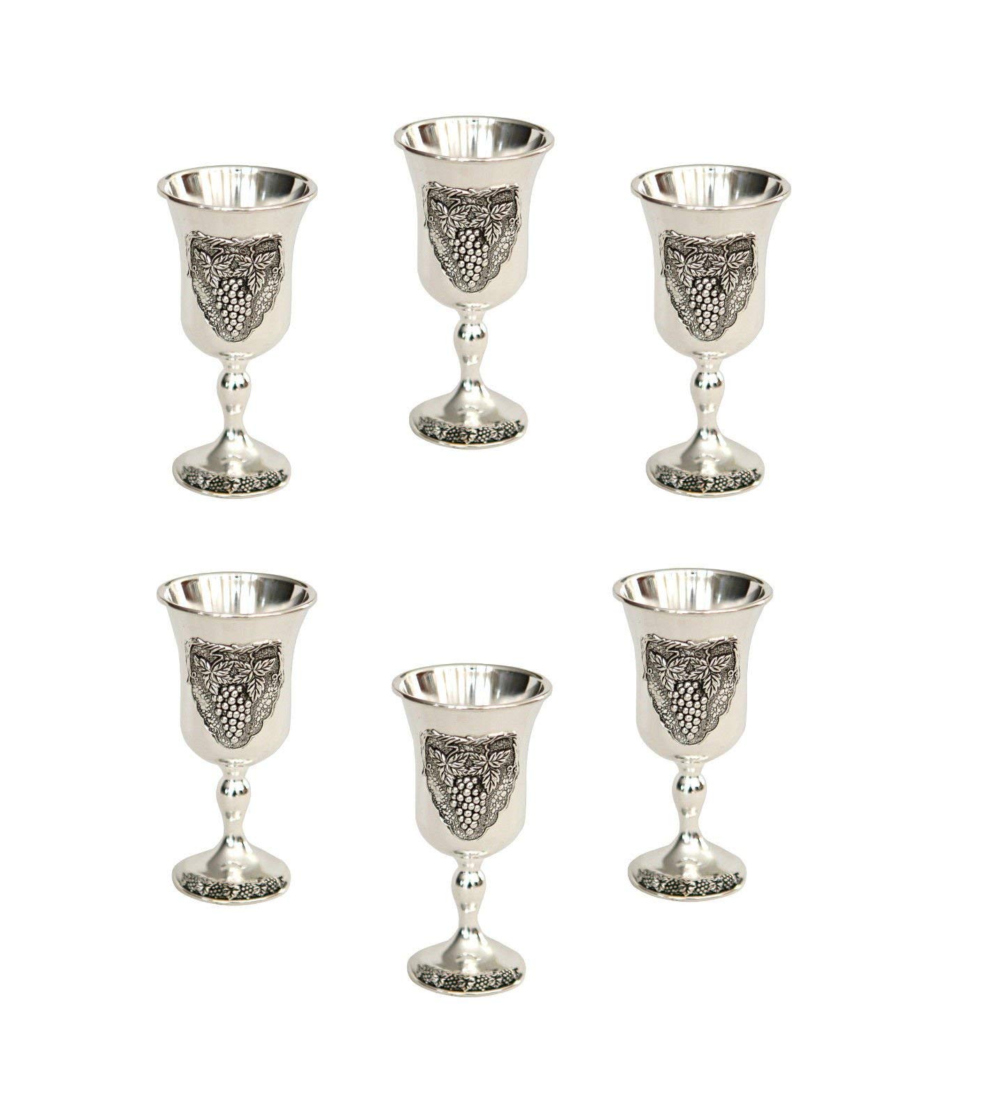 6 (SIX), Silver Plated Shabbat Kiddush / Wine Cups, Grapes Design, 3.5". Jewish Art. Great Gift For Shabbat Chanoka Rabbi Temple Wedding Baby Naming Housewarming Bar Mitzvah Bat Mitzva and Jewish Homes.