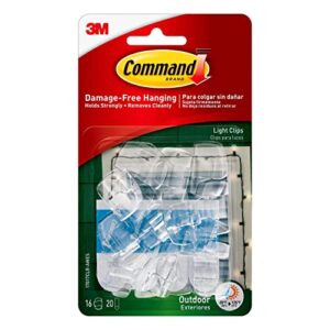 command outdoor light clips, damage free hanging outdoor light clips with adhesive strips, no tools wall clips for hanging outdoor lights and cables, 16 clear clips and 20 command strips (pack of 4)