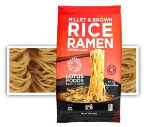 lotus foods bulk food organic millet & brown rice ramen noodles with red miso soup, gluten-free easy to cook & healthy japanese noodles with instant gourmet broth, 2.8 oz (pack of 10)