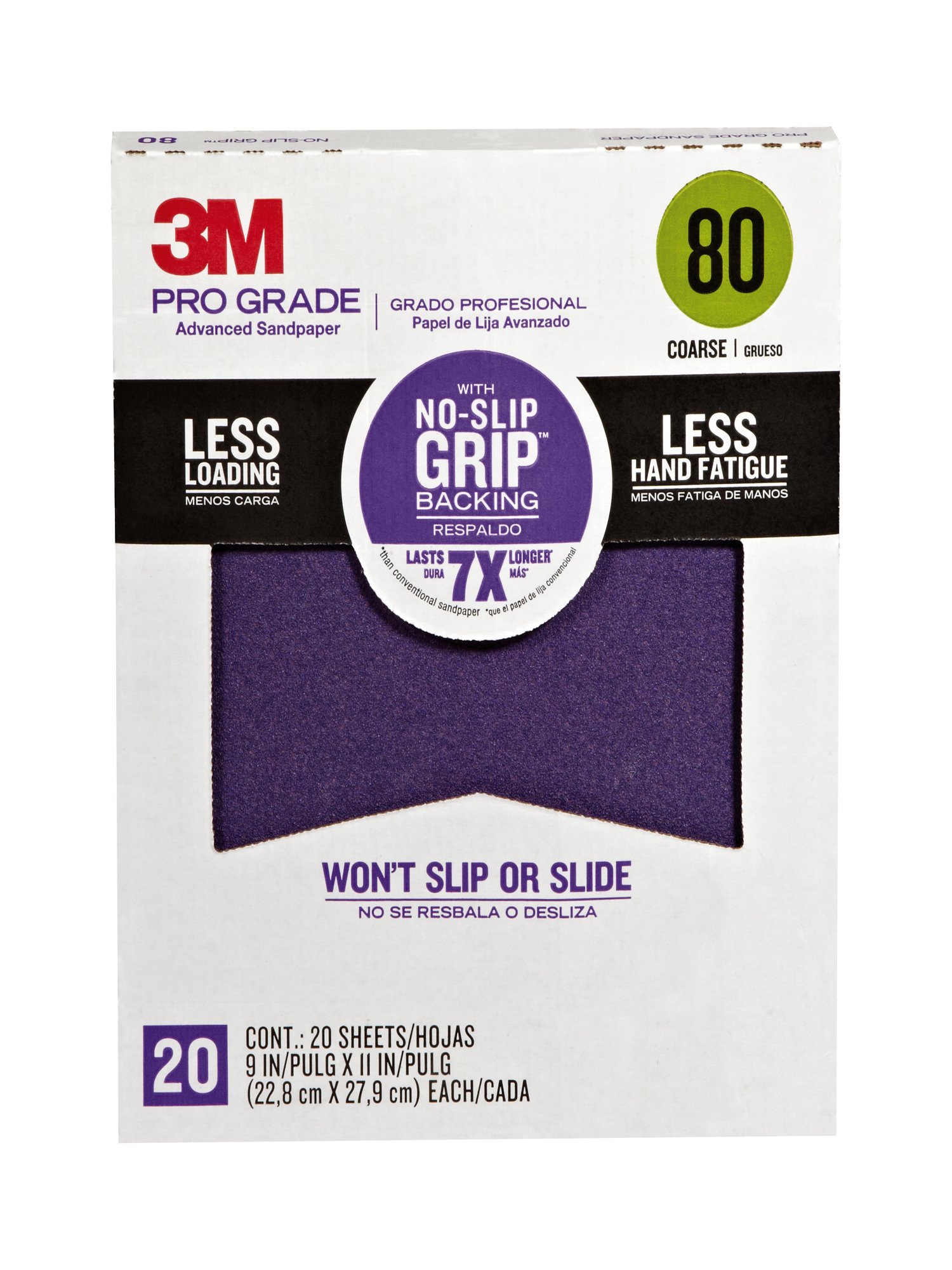 3M Advanced Sandpaper, 20 Sheets, 80 Grit, 3M Pro Grade Precision, Features No-Slip Grip Backing, 9-in x 11-in, For Sanding Wood, Drywall, or Metal, Can be Used on Wet or Dry Surfaces (26080CP-P-G)