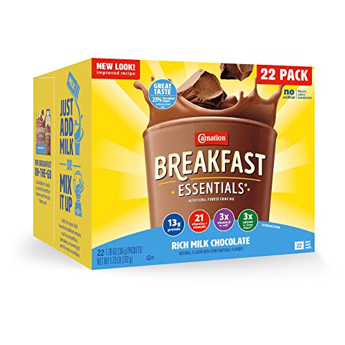 Carnation Breakfast Essentials Powder Drink Mix, Rich Milk Chocolate, 1.26 Ounce (Pack of 22), (Packaging May Vary)