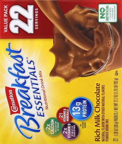 Carnation Breakfast Essentials Powder Drink Mix, Rich Milk Chocolate, 1.26 Ounce (Pack of 22), (Packaging May Vary)