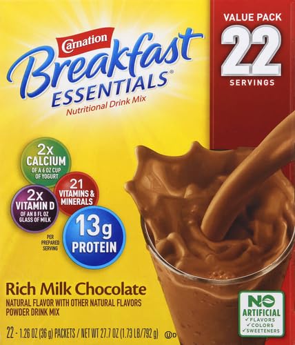 Carnation Breakfast Essentials Powder Drink Mix, Rich Milk Chocolate, 1.26 Ounce (Pack of 22), (Packaging May Vary)