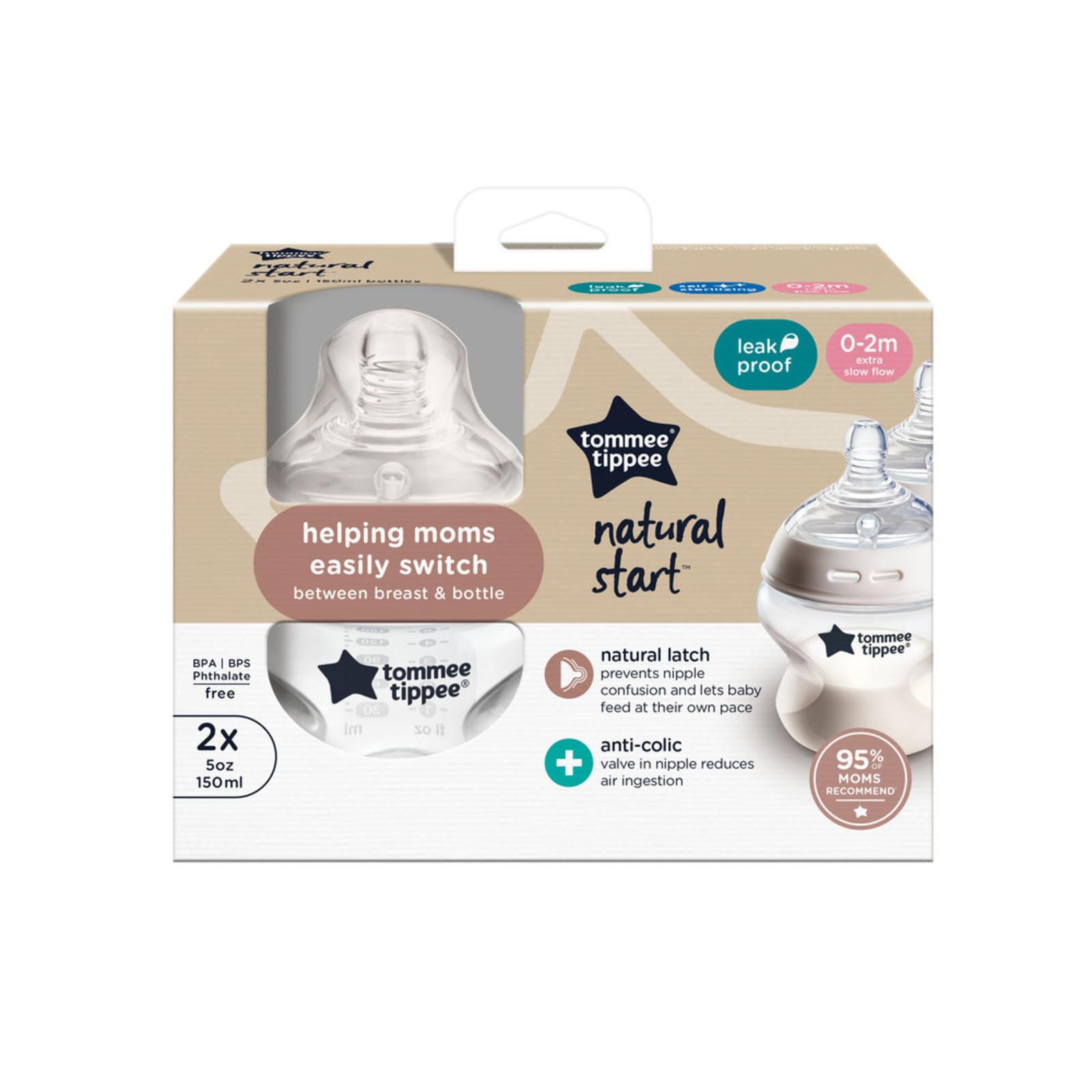 Tommee Tippee Baby Bottles, Natural Start Anti-Colic Baby Bottle with Slow Flow Breast-Like Nipple, 5oz, 0m+, Baby Feeding Essentials, Pack of 2