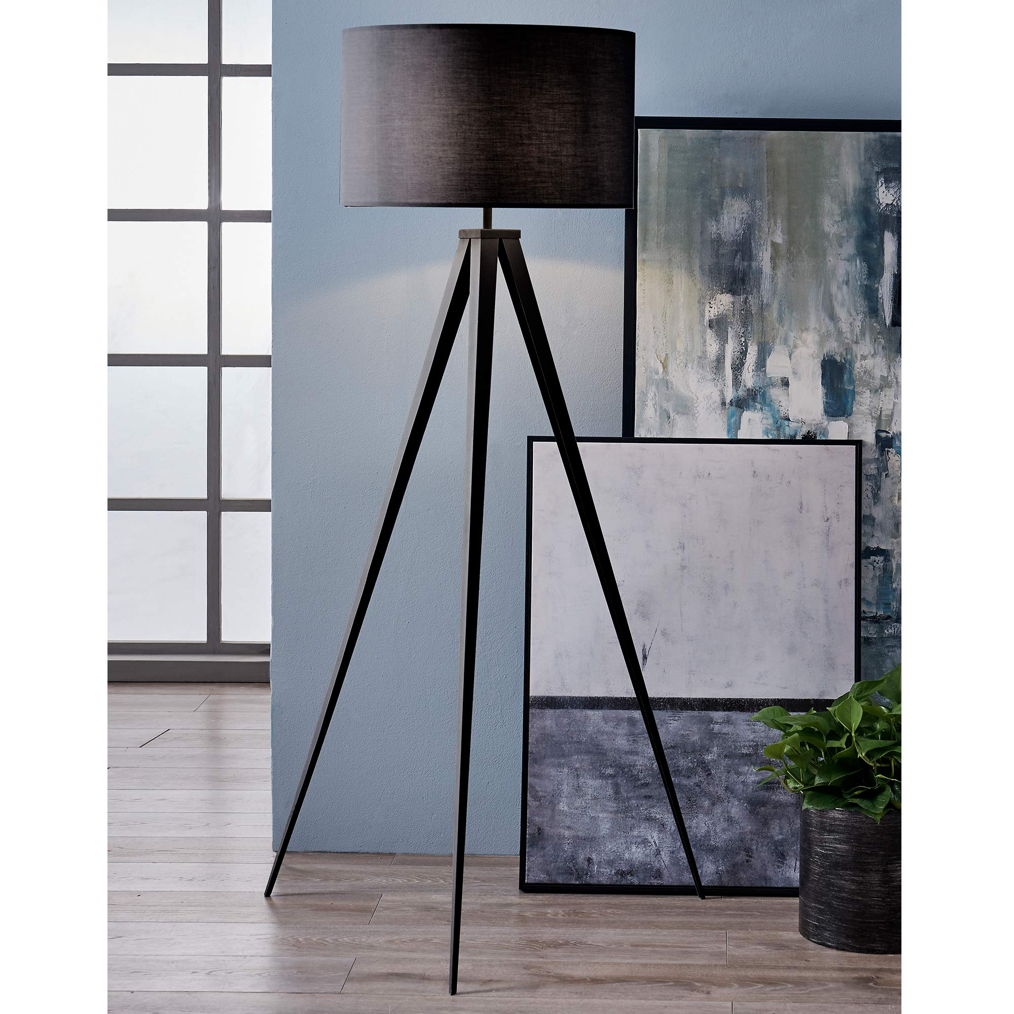 Versanora Romanza Modern LED Tripod Floor Lamp Tall Standing Light with Drum Shade Metal Legs for Living Room Study Reading Bedroom Home Office, 60 inch Height, Matte Black