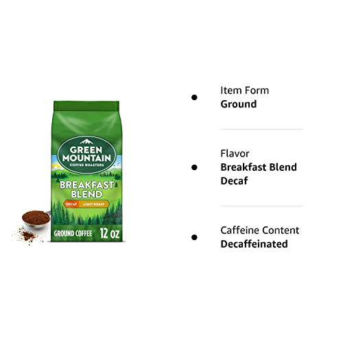 Green Mountain Coffee Roasters, Breakfast Blend Decaf, Ground Coffee, Decaffeinated, Light Roast, Bagged 12oz.