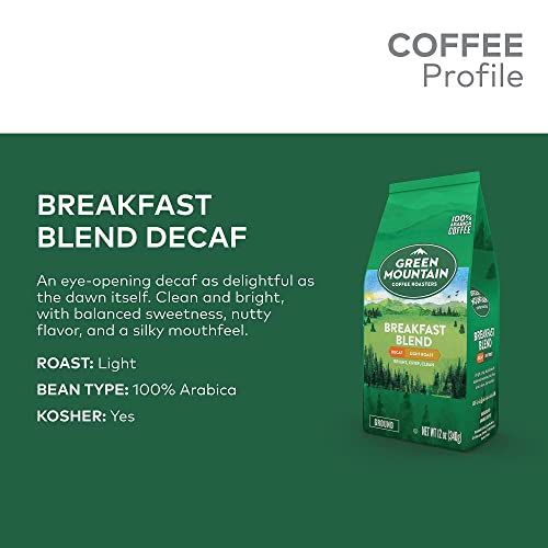 Green Mountain Coffee Roasters, Breakfast Blend Decaf, Ground Coffee, Decaffeinated, Light Roast, Bagged 12oz.