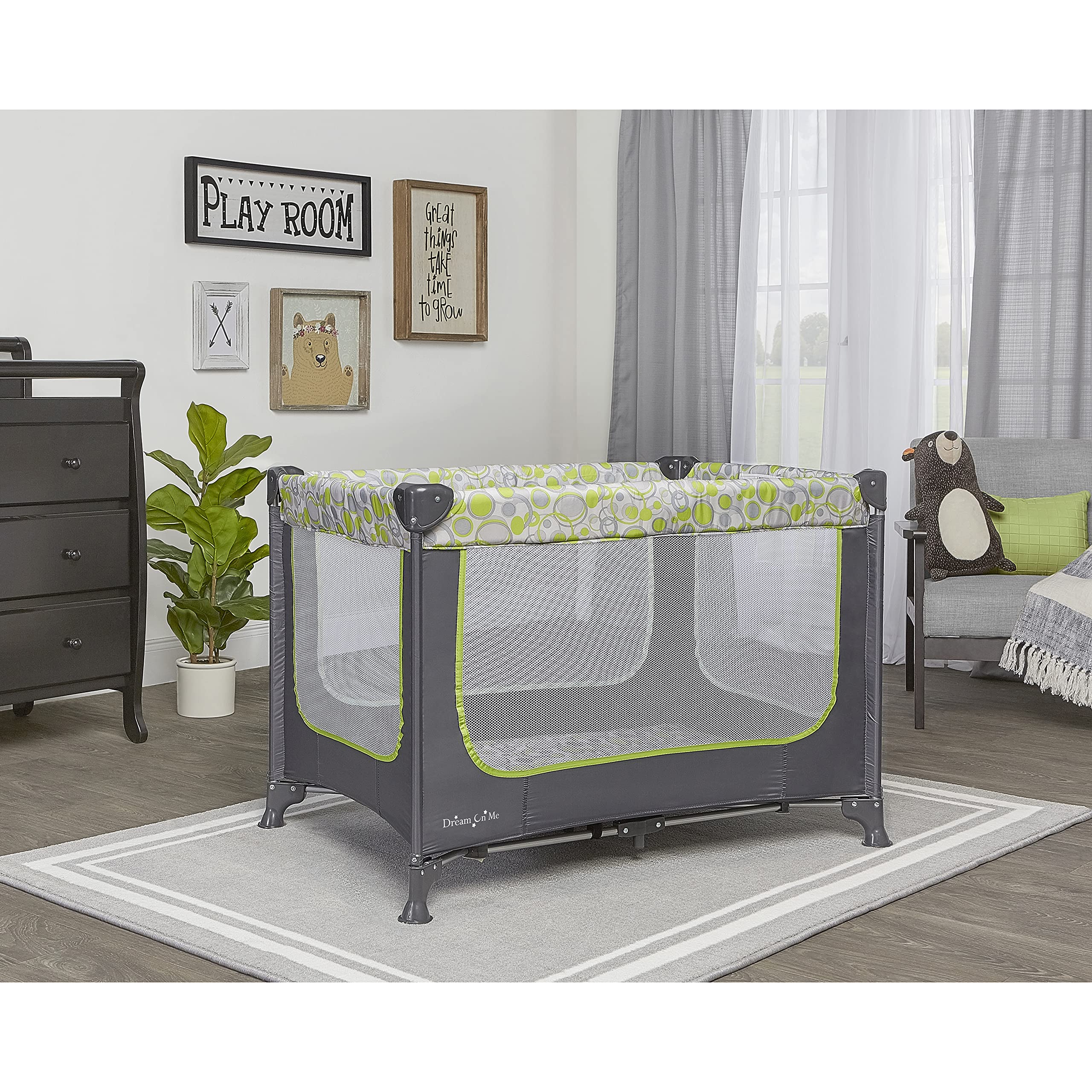 Dream On Me Zodiak Portable Playard in Grey and Green, Lightweight, Packable and Easy Setup Baby Playard, Breathable Mesh Sides and Soft Fabric - Comes with a Removable Padded Mat