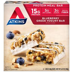 atkins blueberry greek yogurt protein meal bar, high fiber, 15g protein, 3g sugar, 5g net carbs, meal replacement, keto friendly, 5 count