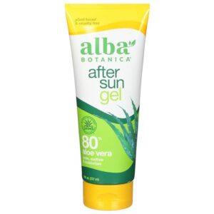 alba botanica aloe vera gel for skin, cooling after sun treatment for face and body, made with purity certified 80% aloe vera gel formula, 8 fl. oz. tube