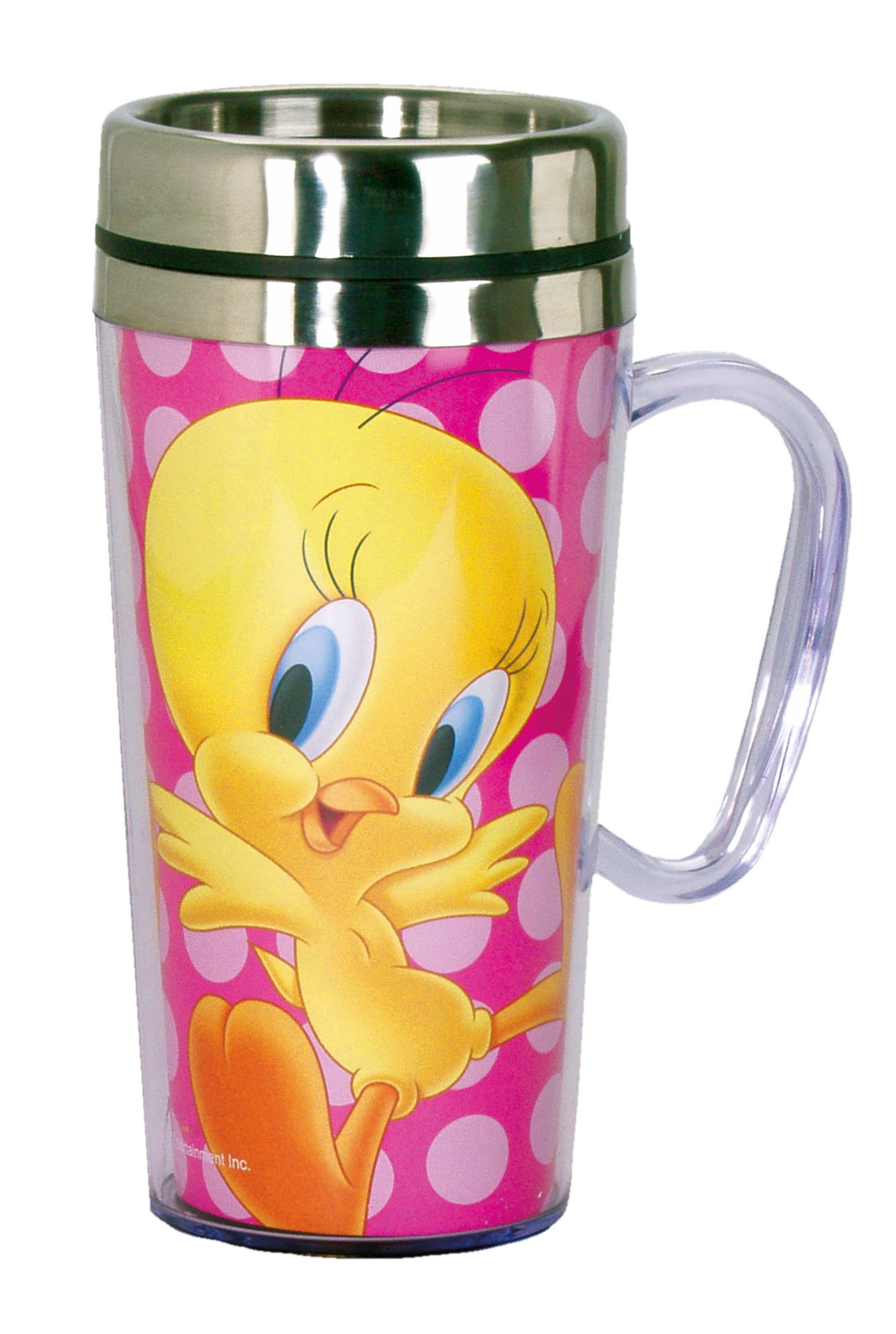 Spoontiques - Insulated Travel Mug - Tweety Bird Coffee Cup - Coffee Lovers Gift - Funny Coffee Mug - 14 oz – Pink