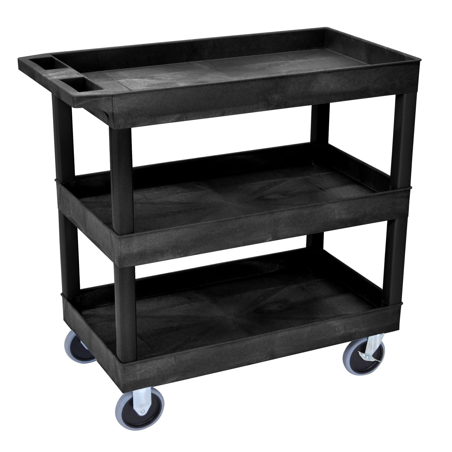 LUXOR EC111HD-B Utility Tub Cart, 32" x 18", Three Shelves with 125 lbs. Capacity Per Shelf, Ergonomic Push Handle, Black