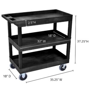 LUXOR EC111HD-B Utility Tub Cart, 32" x 18", Three Shelves with 125 lbs. Capacity Per Shelf, Ergonomic Push Handle, Black