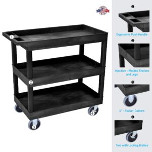 LUXOR EC111HD-B Utility Tub Cart, 32" x 18", Three Shelves with 125 lbs. Capacity Per Shelf, Ergonomic Push Handle, Black