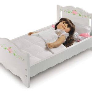 Badger Basket Toy Doll Bed with White Bedding and Personalization Kit for 20 inch Dolls - White Rose