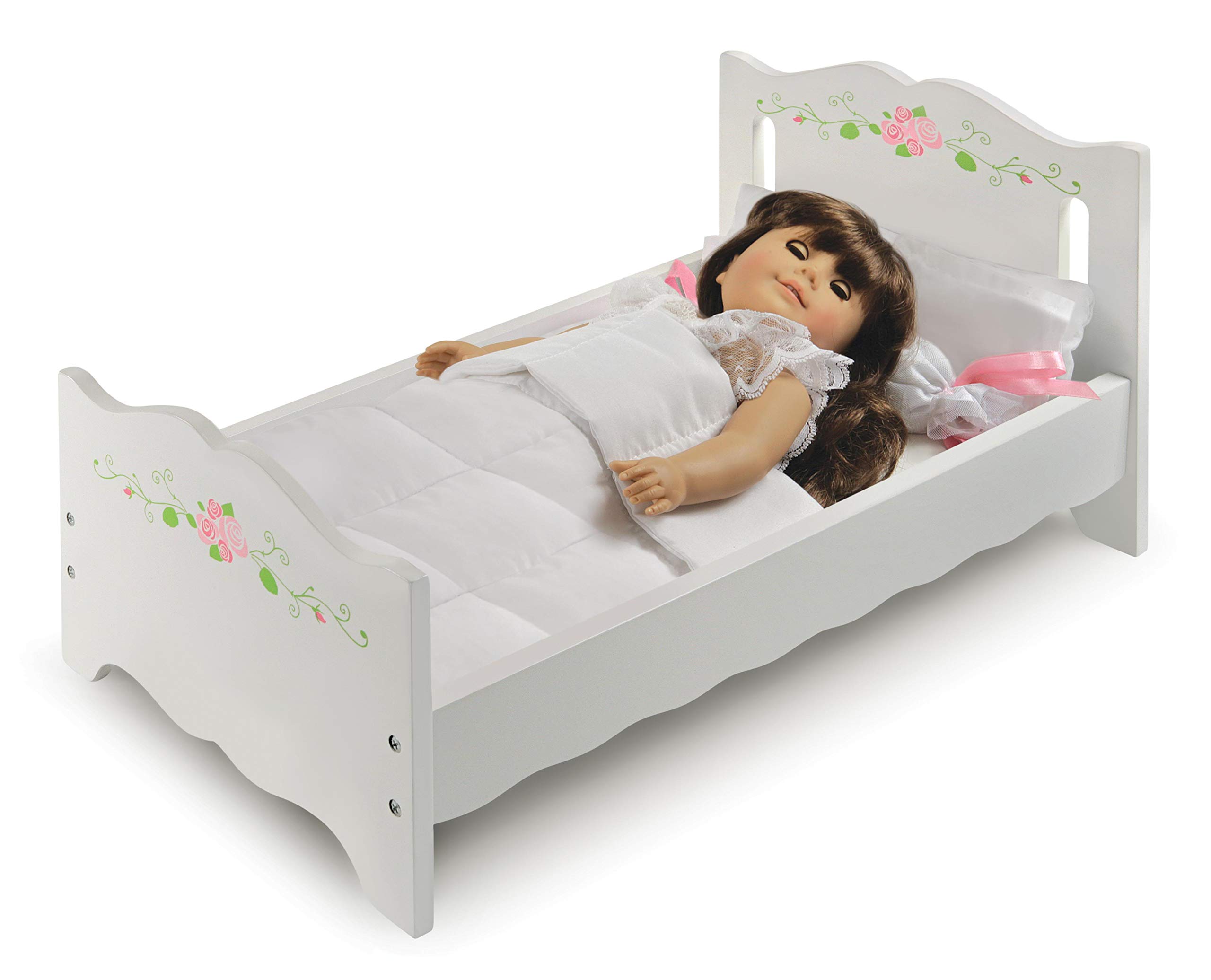 Badger Basket Toy Doll Bed with White Bedding and Personalization Kit for 20 inch Dolls - White Rose