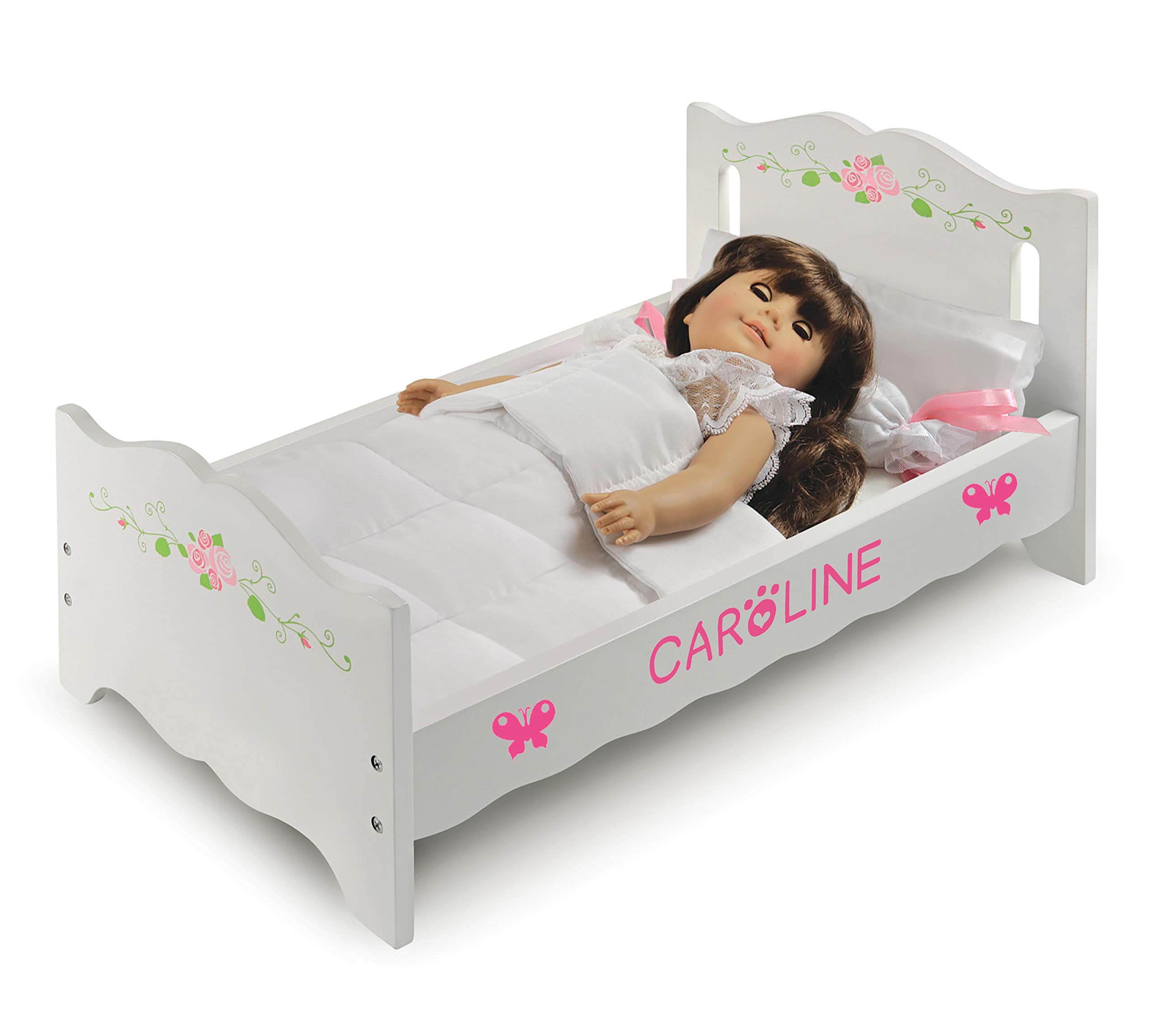 Badger Basket Toy Doll Bed with White Bedding and Personalization Kit for 20 inch Dolls - White Rose