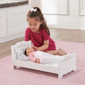 Badger Basket Toy Doll Bed with White Bedding and Personalization Kit for 20 inch Dolls - White Rose