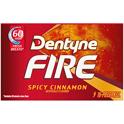 Dentyne Fire Spicy Cinnamon Sugar Free Gum, Pack of 9 (144 Total Pieces)