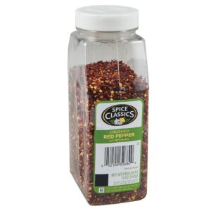 spice classics crushed red pepper, 12 oz - one 12 ounce container of dried and crushed red chili pepper flakes great for pizza, chowder, seafood, and pasta