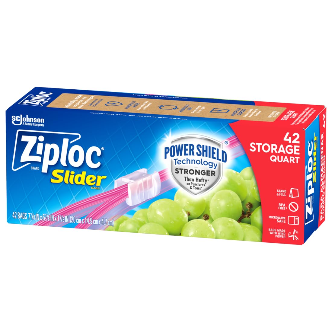 Ziploc Quart Food Storage Slider Bags, Power Shield Technology for More Durability, 42 Count