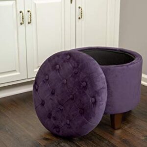 HomePop Velvet Tufted Round Storage Ottoman with Removable Lid, Purple