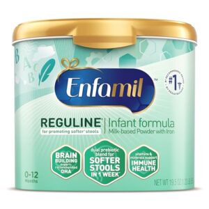 enfamil reguline baby formula, milk-based infant nutrition, dual prebiotics for soft, comfortable stools within 1 week of use, omega-3 dha for immune support, reusable powder tub, 19.5 oz​