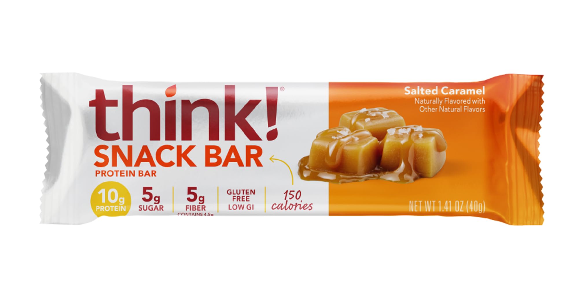 think! Protein Bars with Chicory Root for Fiber, Digestive Support, Gluten Free with Whey Protein Isolate, Salted Caramel, Snack Bars Without Artificial Sweeteners, 1.4 Oz (10 Count)